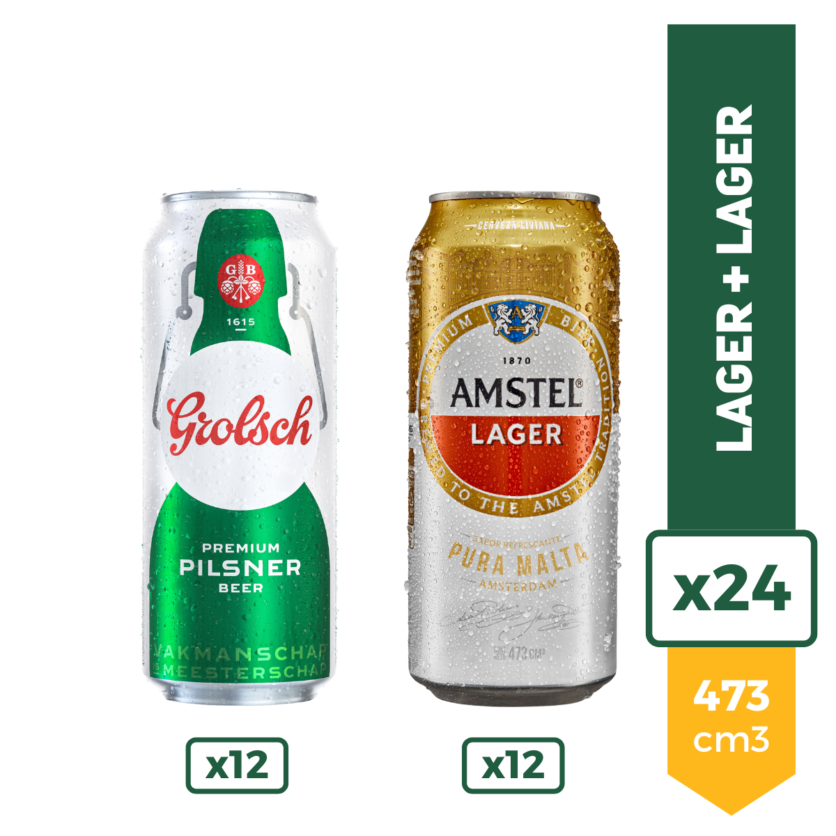 Cerveza Grolsch 473ml Pack X12 + Cerveza Amstel Lager 473ml Pack X12 ...